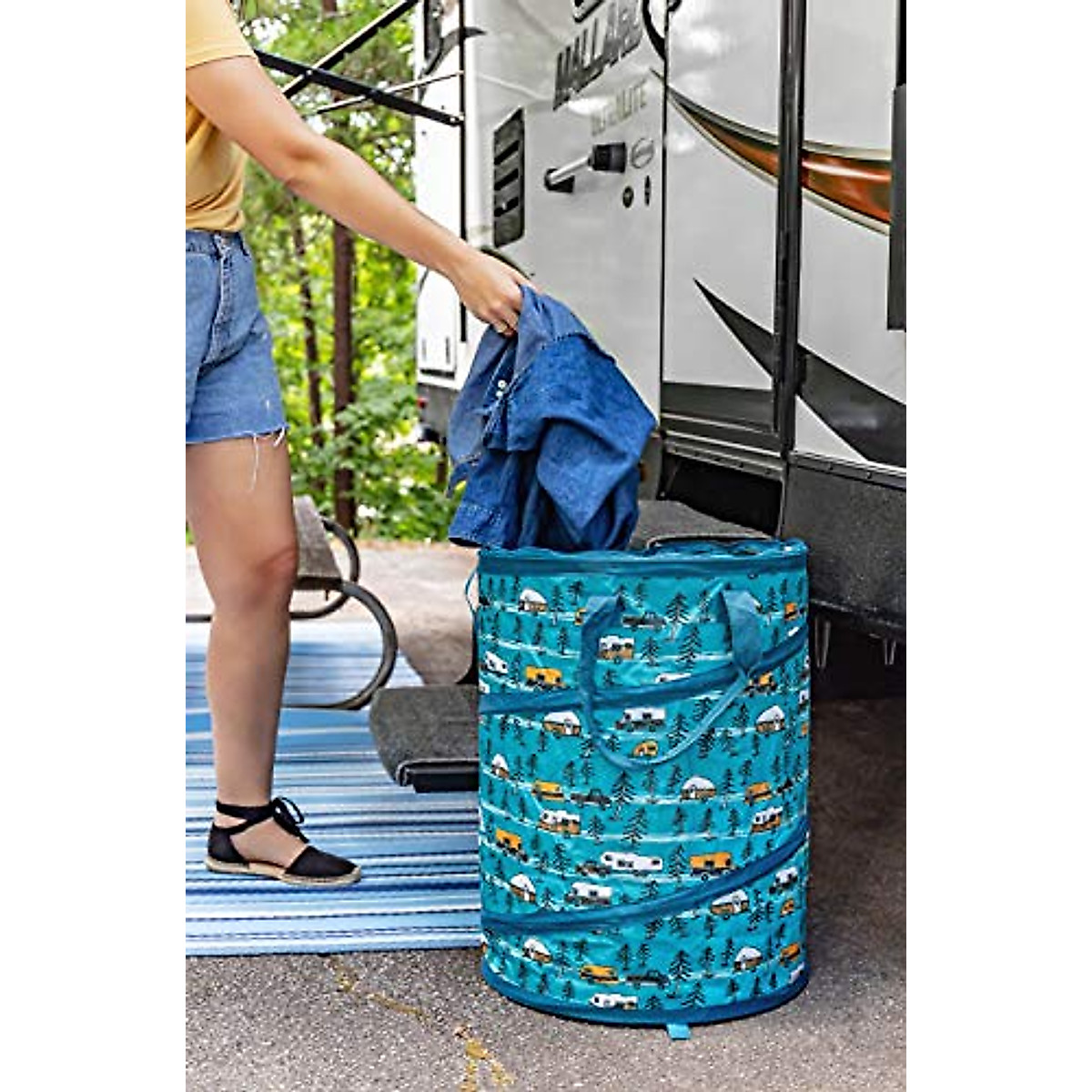 Camco Life is Better at The Campsite Pop-Up Utility Container | 18 x 24-inch | A Compact Size for Multi-Purpose Use | Sketched RVs and Trees Pattern (42987)