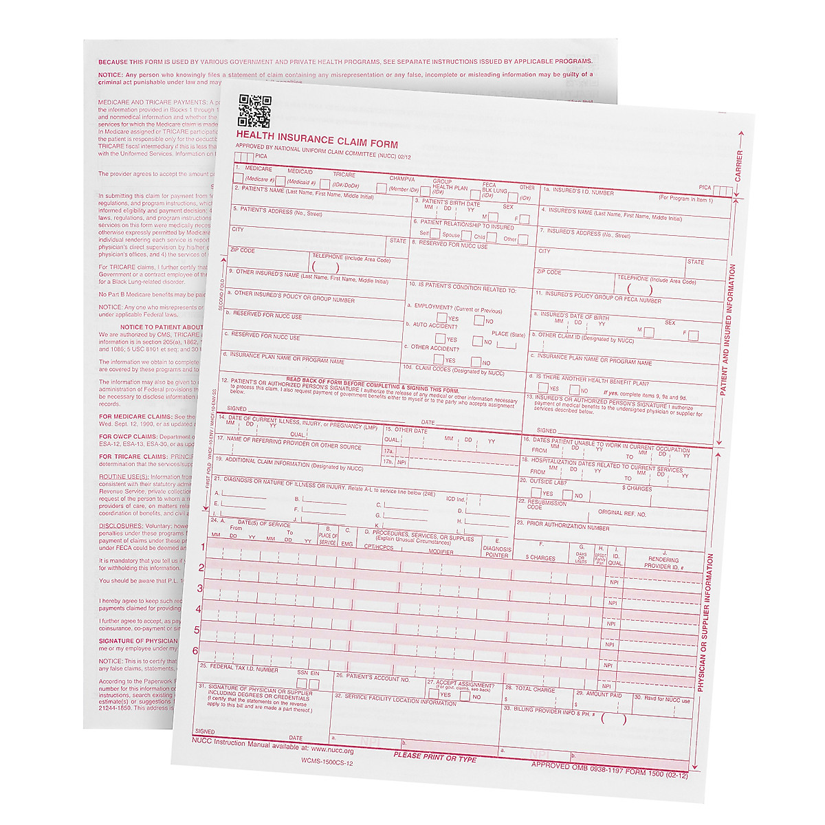 500 CMS-1500 Claim Forms - Current HCFA 02/2012 New Version - Forms Will Line Up with Billing Software and Laser Compatible - 500 Sheets - 8.5 x 11