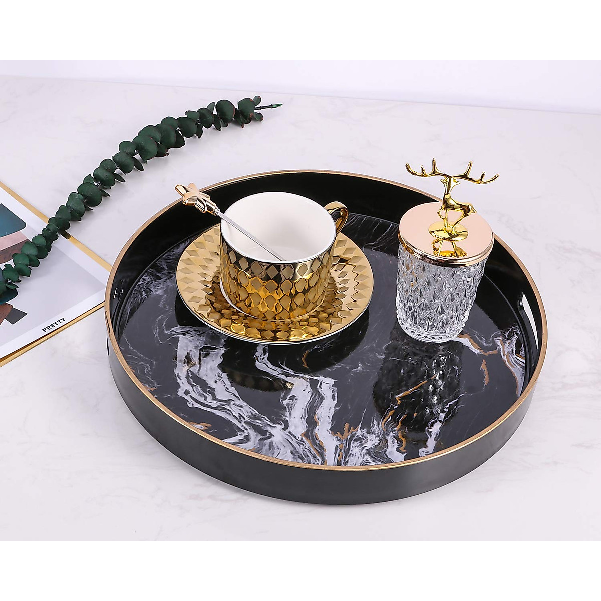 Zosenley Round Decorative Tray, Marbling Plastic Tray with Handles, Modern Vanity Tray and Serving Tray for Ottoman, Coffee Table, Kitchen and Bathroom, Size 13", Black