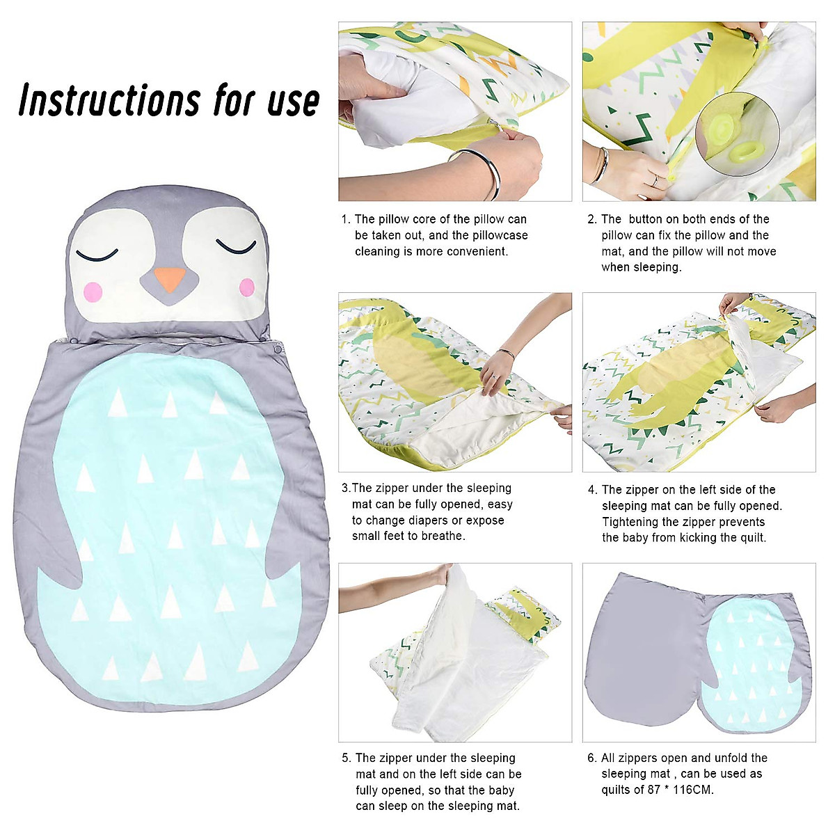 ELEOPTION Kids Sleeping Bag, Animal Print Pattern Children Nap Mat 3-in-1 Travel Bedding Bag Slumber Bags for Toddles Boys Girls Young Children 0-6 Year Old