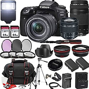Canon EOS 90D DSLR Camera w/EF-S 18-55mm F/4-5.6 Zoom is STM Lens + 75-300mm F/4-5.6 III Lens + 2X 64GB Memory + Hood + Case + Filters + Tripod + More (35pc Bundle)