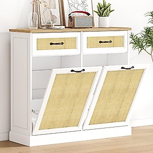 IDEALHOUSE Double Tilt Out Trash Cabinet with Natural Rattan, Hidden Trash Can Cabinet 10 Gallon Storage Holder, Freestanding Garbage Bin Cabinet for Kitchen Dining Living Room