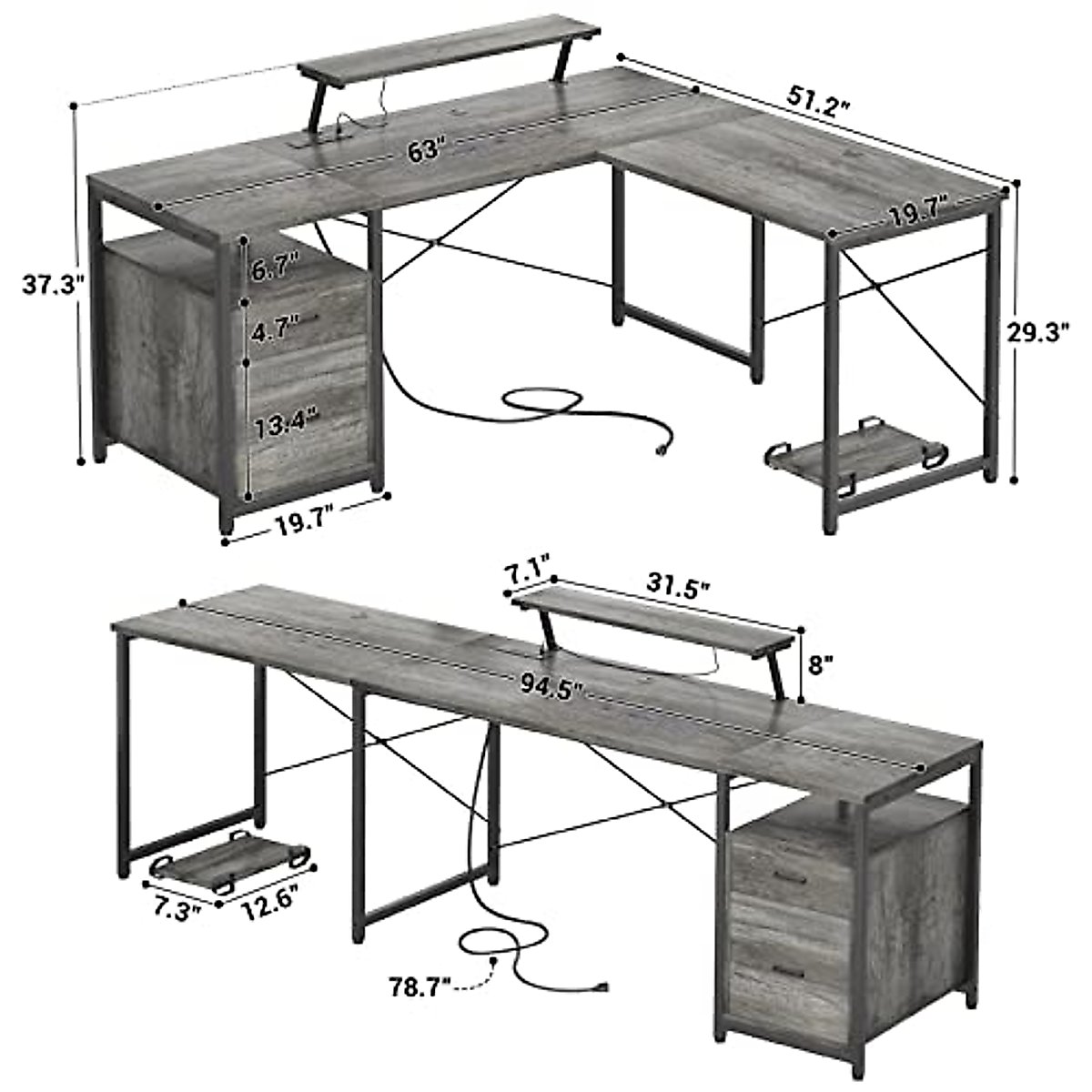 Unikito L-Shaped Desk with Power Outlet and LED Strip, L Shaped Computer Corner Desk with Reversible File Drawer and Monitor Stand, Gaming Table Writing Desk for Home Office Workstation, Black Oak