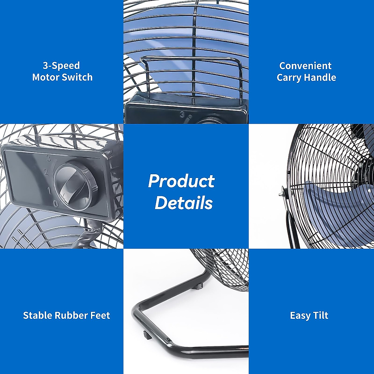 TEMPWARE 20 Inch High Velocity Industrial Floor Fan, 3-Speed Heavy Duty Metal Cradle Floor Fans with 360° Tilt for Warehouse, Workshop, Garage, Factory and Basement, Black & Blue