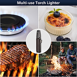 Butane Torch Lighter, Refillable Kitchen Cooking Torch Windproof Adjustable Flame Solar Beam Torch HARYGATE Blow Torch with Safety Lock for Baking Creme Brulee HGT-588(Butane Gas Not Included) (Brown)