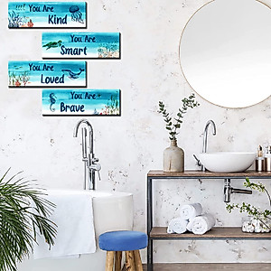 Underwater World Wooden Wall Art Children's Room Wall Decor Sea Creatures YOU ARE Series Home Decorations for Bedroom Blue Ocean Nautical Theme Wall Art Turtle Starfish Dolphin Coral Reef Gift Artwork