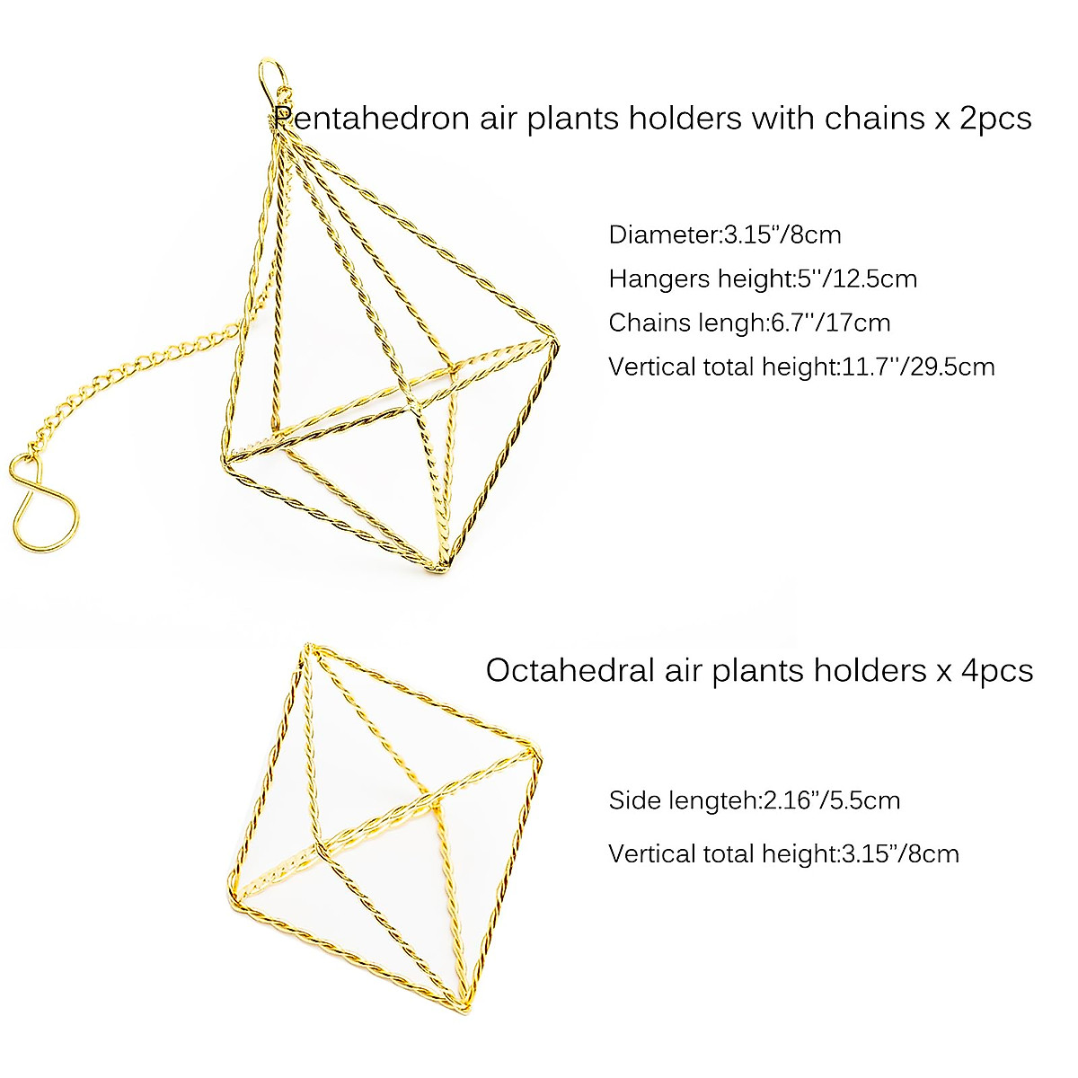 libproqia 6 Pack Hanging Air Plant Holders Geometric Twisted Wire Tillandsia Hangers Metal Air Ferns Containers,2 Small Airplant hangers and 4 Airfern Stands Dsiplay for Himmeli Decor Indoor,Gold