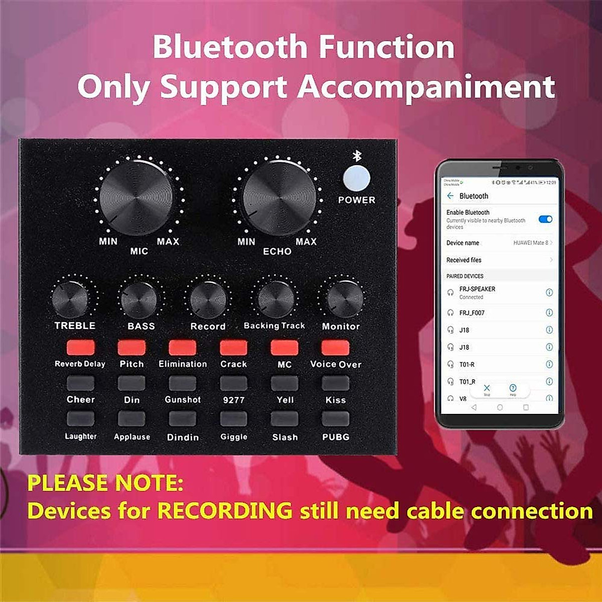 Bluetooth Sound Mixer Board, V8 Sound Card, for Live Streaming with Effects, for Music Recording Karaoke Singing Broadcast on Cell Phone Computer Laptop Tablet