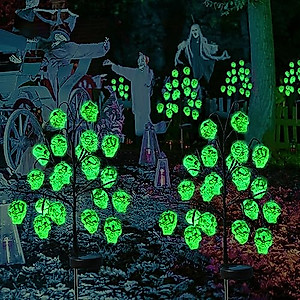 Upgraded 2 Pack Solar Halloween Decorations Lights, Halloween Outdoor Solar Stake Sign Lights with Scary Skull Shape Green LED Lights for Halloween Outdoor Pathway Cemetery Garden Yard Porch Decor