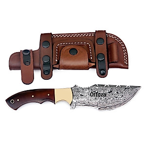 Ottoza Tracker Knife & Bone Handle - Damascus Hunting Knife - Horizontal Carry Knife Sheath 256
