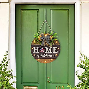 Interchangeable Welcome Sign for Front Door with 14 Changeable Icons, Farmhouse Front Porch Decor Rustic Wooden Wall Sign with 12 LED Lights, Outdoor Seasonal Welcome Home Decorations (Wood home1)