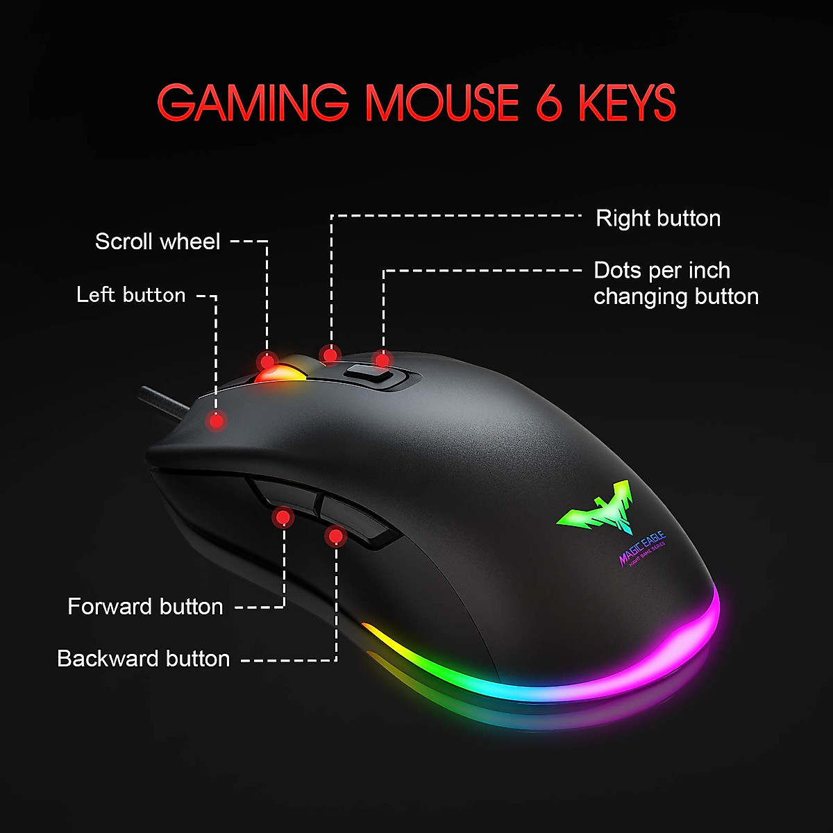 Havit RGB Gaming Mouse Wired PC Gaming Mice with 7 Color Backlight, 6 Buttons, Up to 6400 D P I Computer USB Mouses for Desktop Laptop Gamer & Work (Renewed)