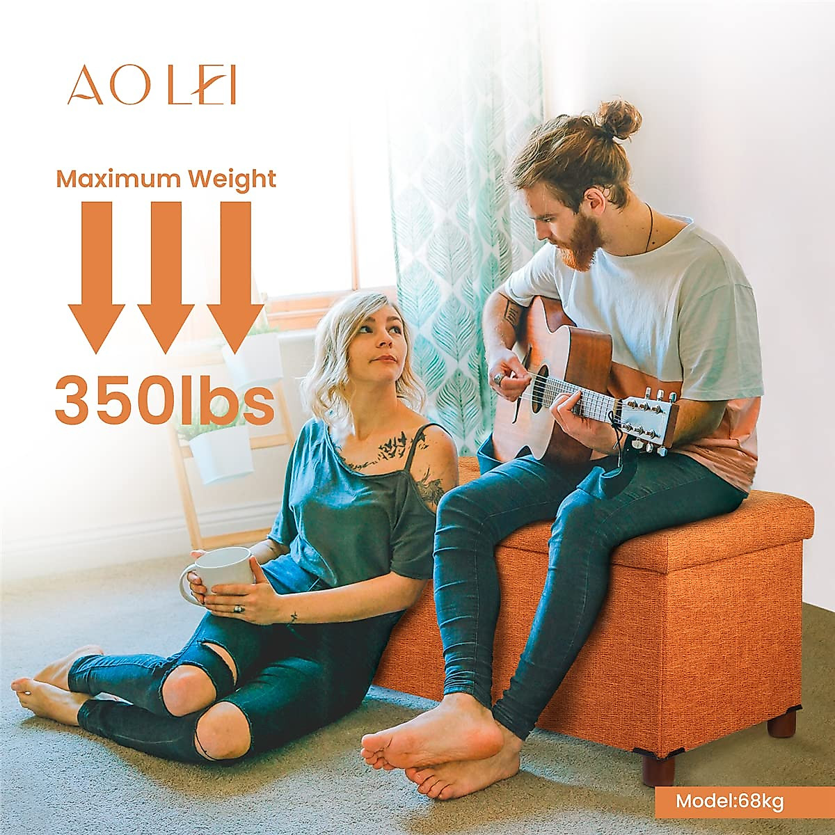 Ao Lei 30 Inches Storage Ottoman Bench, Storage Bench with Wooden Legs for Living Room Ottoman Foot Rest Removeable Lid for Bedroom End of Bed, Linen Fabric, Orange