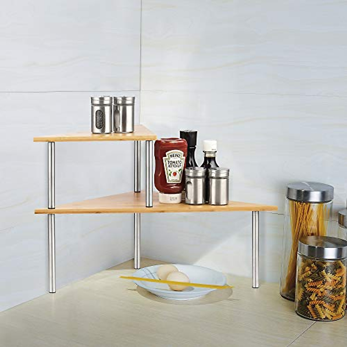Cook N Home 02649 Corner Storage Shelf Organizer, Triangle, 2 Tier, Bamboo