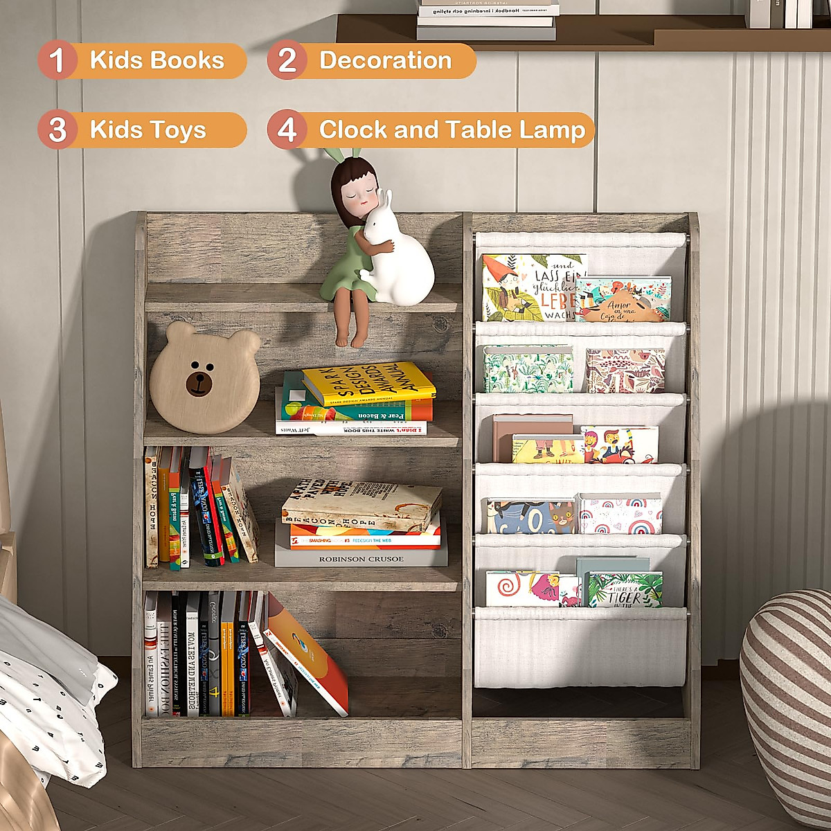 4 Tier Kids Bookshelf Wooden, Five Layer Sling Children Bookcase, Baby Toddler Storage Book Rack, Book and Toy Organizer Cabinet Chest, Book Display Shelf Stand, Playroom Nursery Classroom Library