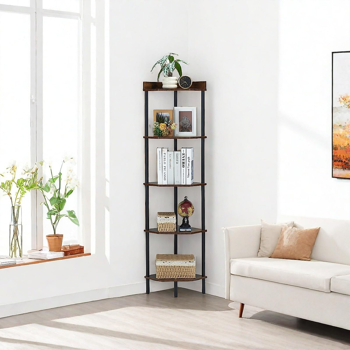 Corner Shelf Stand, Tall Corner Book Shelf Industrial 5 Tier Corner Display Rack Multipurpose Shelving Unit Corner Bookcase for Small Spaces Living Room Bedroom Home Office (Rustic Brown-5-Tier)