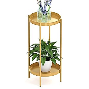 OVICAR Plant Stand Indoor Outdoor - Flower Pot Holder Metal Plant Rack Organizer, 2 Tiers Tall Plant Display Storage Shelf Table For Home Garden Patio Bathroom Office Living Room Balcony Corner (gold)