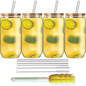 Flhivsa Drinking transparent cup 4pcs Set-20oz water Cups Tumbler Cup With Bamboo Lids and Straw (20oz Glass Clear Bamboo Lid 6 Pack)