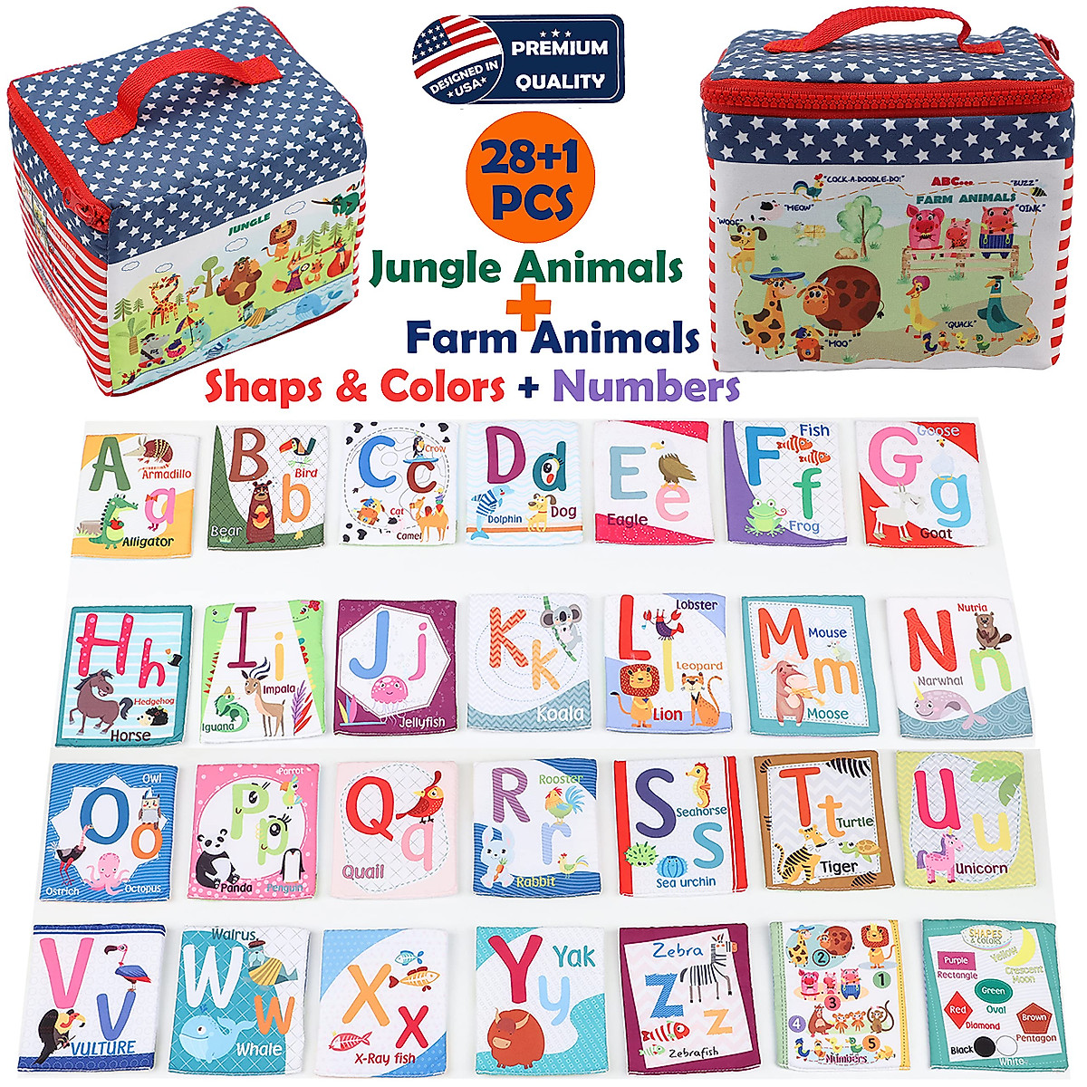 Alphabet Baby Toy Gift, Soft Cloth Alphabet Cards 28PCS, ABC Learning Flash Cards with Bag, Early Educational Learning Toys for Babies Infants Toddlers 1-2 2-4 Years Boys Girls, & Animal Guide Book