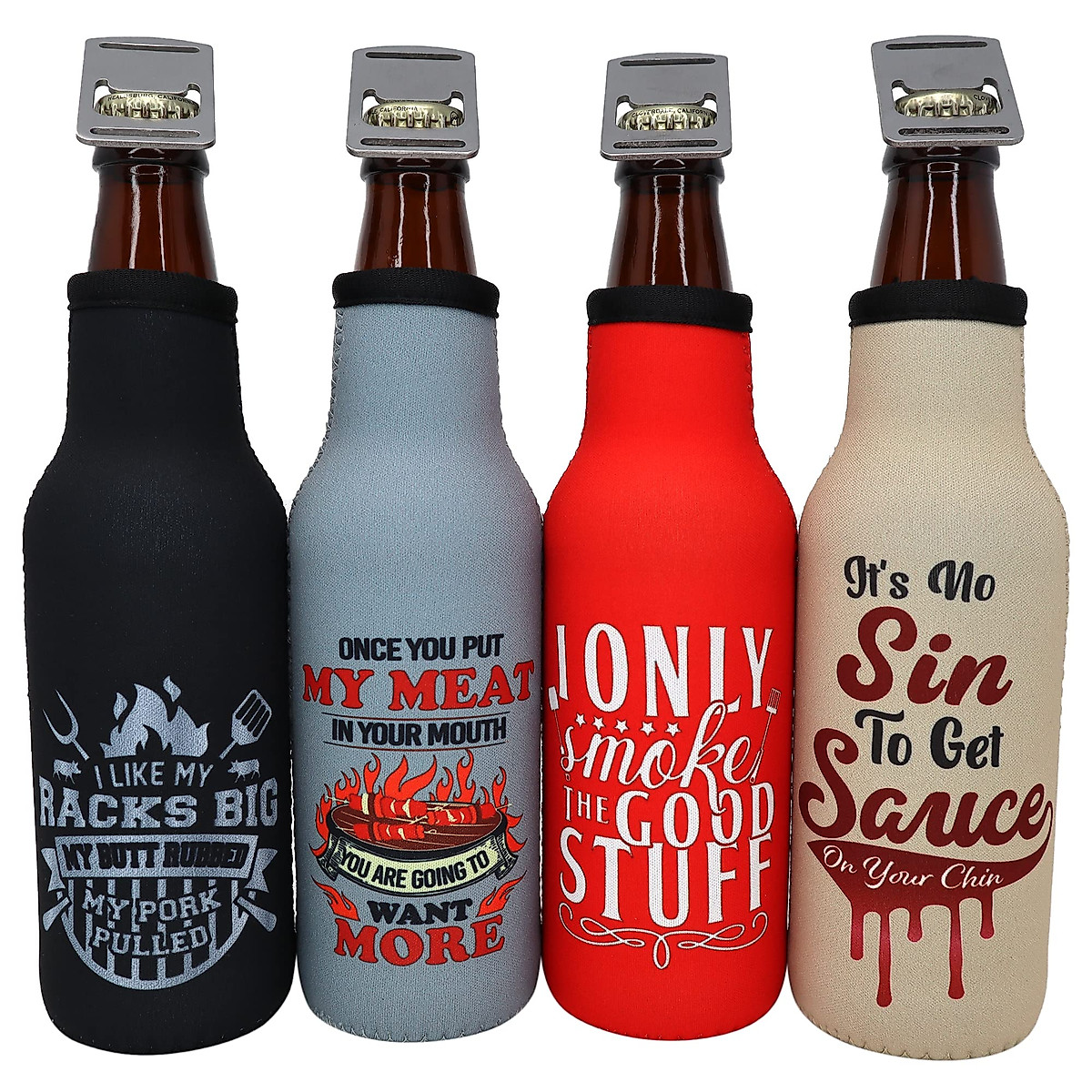 BBQ Smoker Bottle Coolies - Barbecue Meat Smoking Gift for Dad,Useful Gifts for Men Who Have Everything,Bottle Cooler Insulator Sleeve w Zipper,Built-In Removable Opener,Insulated 12 oz. Bottle Coolie