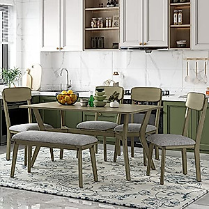 Merax 6-Piece Mid-Century Style Wooden Dining Table Set with 4 Chairs and Padded Bench, Antique Yellow+Gray