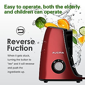 Aucma Slow Juicer Machine, Cold Press Juicer with Quiet Motor and Reverse Function, Masticating Juicer Machine with Brush Recipes, Juicer Extractor for High Nutrient Fruit Vegetable Juice (Classic Red)