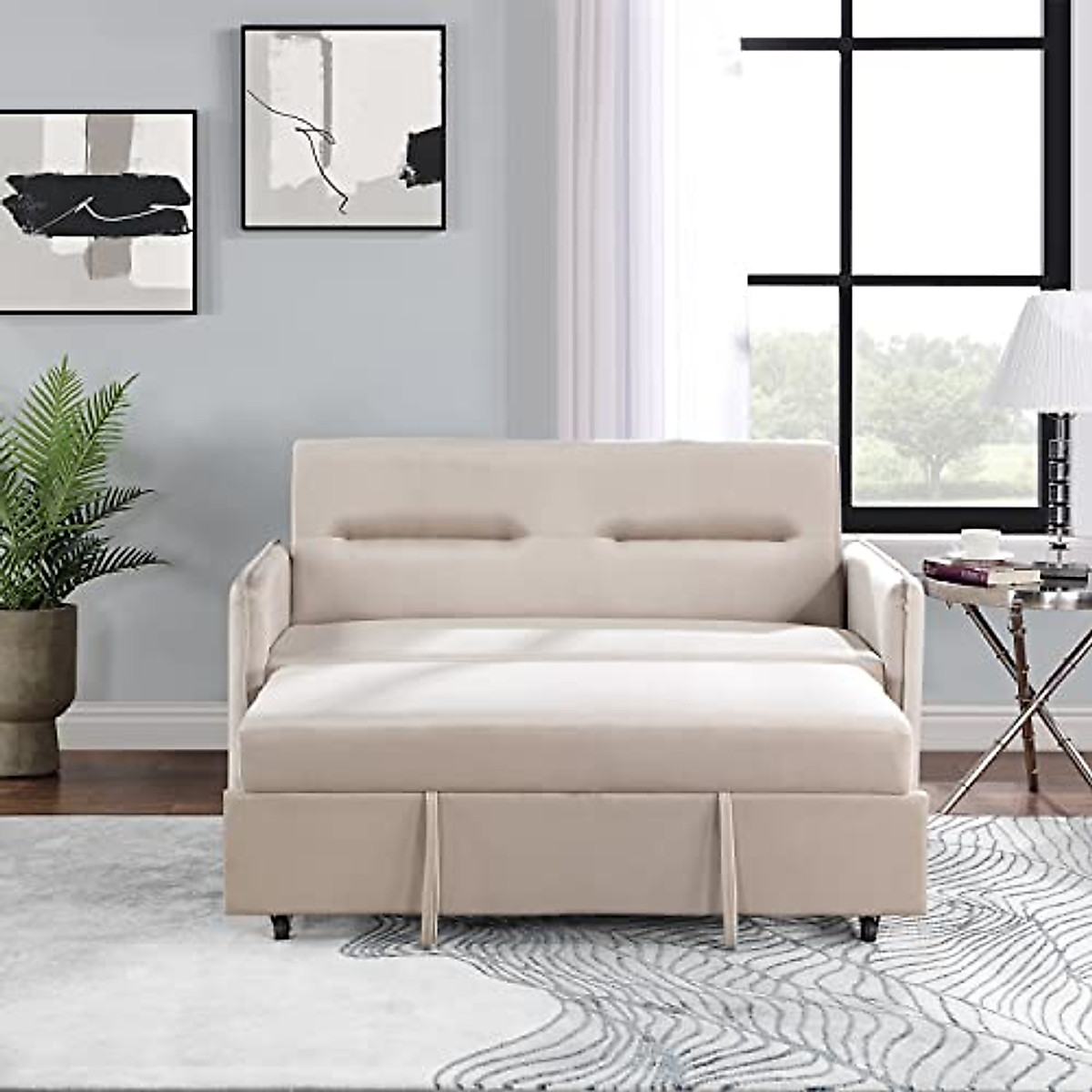 JUSTONE 2-in-1 Pull Out Sofa Bed, Full Size Velvet Sleeper Sofa Bed with Folding Mattress, Pull Out Couch Bed Suitable for Living Room, Sofa Sleeper for Apartment/Small Spaces (Full,Beige)