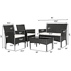 HAPPYGRILL 4PCS Patio Furniture Set Rattan Wicker Conversation Set Outdoor Patio Table Chair Set Wicker Sofas and Coffee Table Set for Garden Lawn Poolside