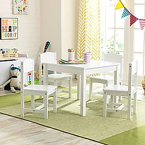 KidKraft Wooden Farmhouse Table & 4 Chairs Set, Children's Furniture for Arts and Activity - White, Gift for Ages 3-8 & Austin Wooden Toy Box/Bench with Safety Hinged Lid, White, Gift for Ages 3+