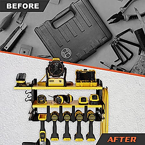 SPAZI Power Tool Organizer Wall Mount (25.5'' Lx9'' Wx12'' H) Storage Rack with Drill Holder, Tray, & 4 Magnetic Hooks - Steel Cordless -Garage w/ 2 Shelves, Black Yellow