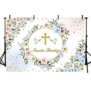 MEHOFOND 7x5ft Nuestro Bautizo Backdrop for Boys and Girls Pastel Pink Blue Floral Baptism First Holy Communion Photography Background Gold Cross Peace Doves Christening Photo Banner