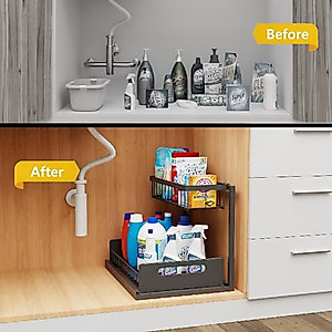 Under Sink Organizer and Storage for Kitchen Bathroom Cabinet - 2 Tier Slide Out Sink Shelf Cabinet Drawer - Store Large Items - No Drilling Rustproof Carbon Steel Shelf - Black - 1 Pack