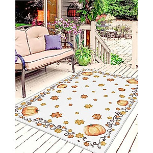 Pumpkin Outdoor Area Rug 4'x6',Patio Balcony Porch Front Door Camping Camper Deck Runner Rug,Washable Carpet Indoor Living Room/Kitchen,Hallway Floor Mat Fall Thanksgiving Maple Leaves Orange Autumn