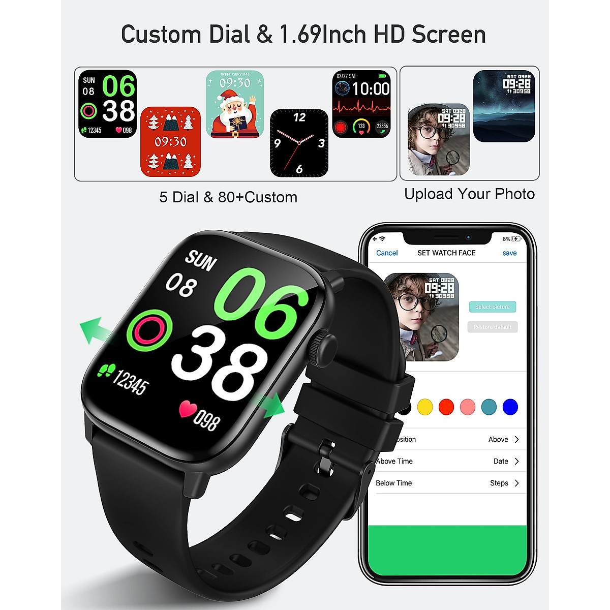 Lightweight Smart Watch for Men and Women - Fitness Tracker Smartwatch Compatible with Android/iOS, Sleep & Heart Rate Monitoring, Blood Oxygen, Weather, IP68 Waterproof, 8 Sport Mode, 1.69" Display