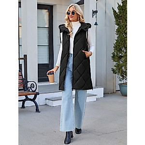 MEROKEETY Womens Hooded Long Padded Vest Coats Quilted Sleeveless Warm Outerwear with Pockets, Black, XL