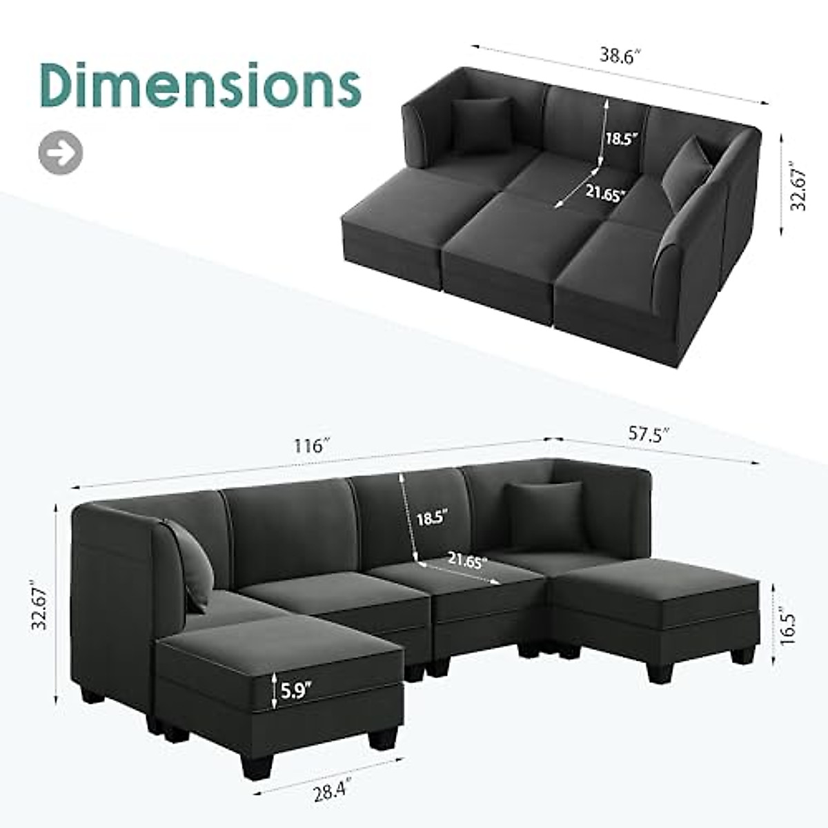 Shintenchi Reversible Modular Sectional Sofa Couch,116" Velvet U-Shaped Sectional Couch Sofa with Ottomans, 6 Pieces Modular Large Sectional Sofa Set for Living Room,Dark Gery