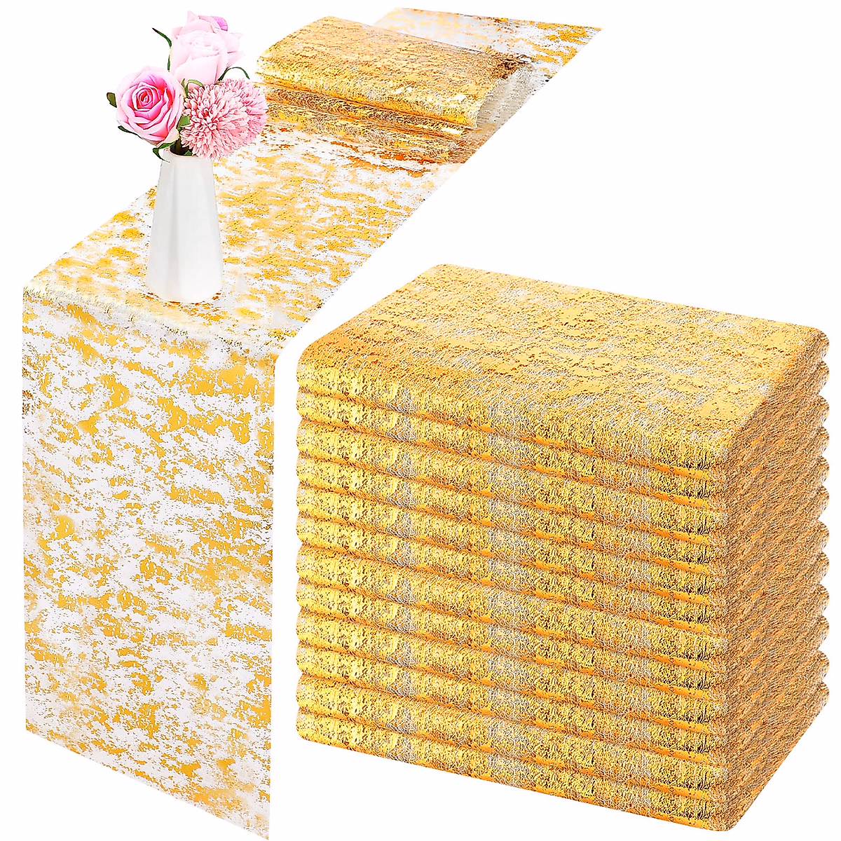 12 Pieces Gold Table Runner Metallic Thin Mesh Table Runner Roll 11 x 84 Inches Gold Table Decorations for Party Glitter Table Runner Rectangle Thin Table Cloths for Wedding Baby Shower Birthday