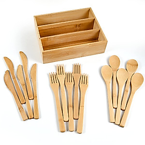 Bamboo Cutlery Reusable with Silverware Organizer, 16Pcs Bamboo Flatware Set with Bamboo Forks Spoons Knives, Reusable Bamboo Cutlery with Portable Storage Case for Home and Travel Camping Hiking