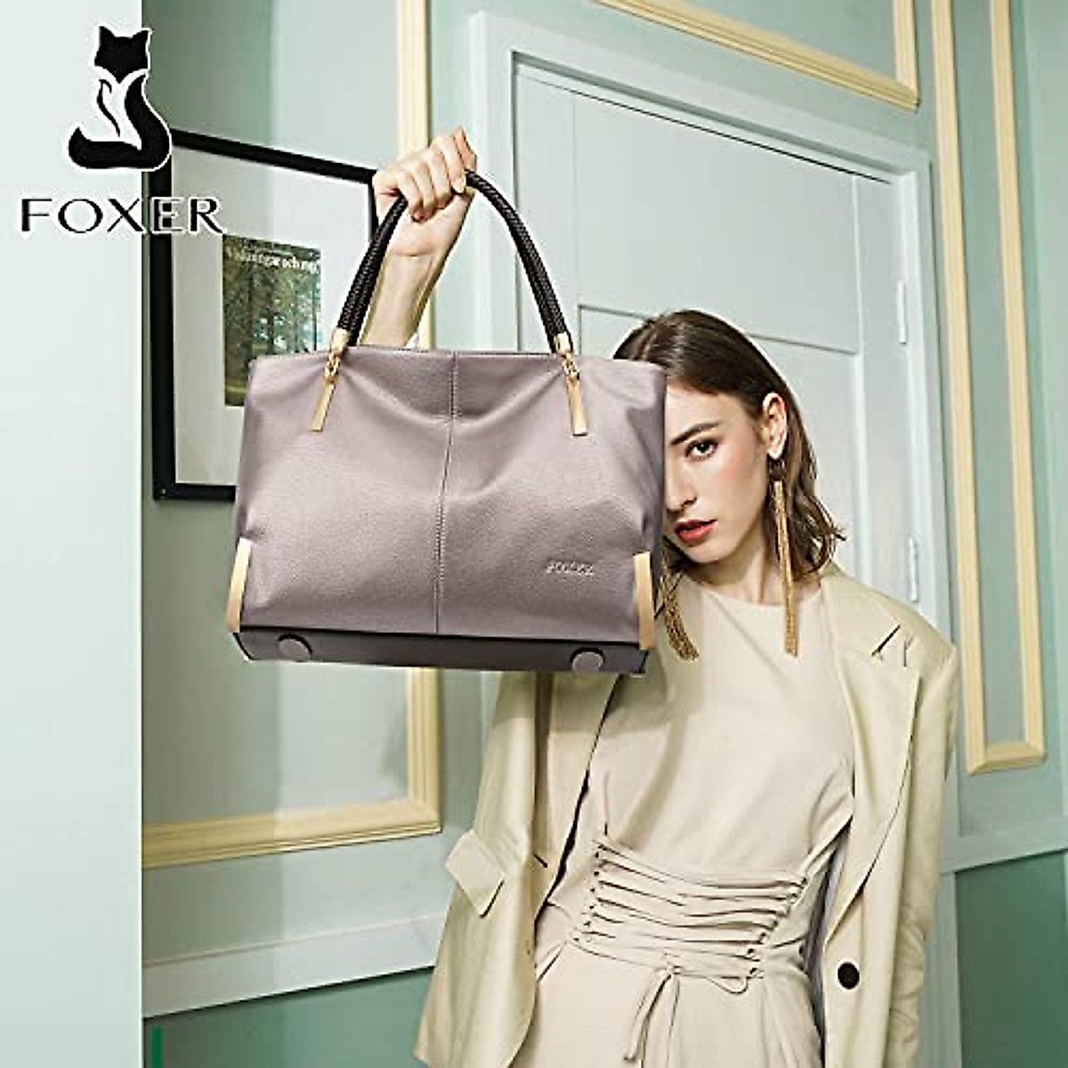 FOXER Leather Totes & Wallets 2 PCS Set, Metallic Handbags with Embroidered Wallets