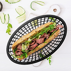 Cezoyx 50 Pack Black Fast Food Basket, 8.9 x 5.6 x 1.5 inch Oval Bread Fry Baskets Plastic Food Serving Tray for Fast Food Restaurant Supplies, Deli Serving, Chicken, Burgers, Sandwiches, Fries