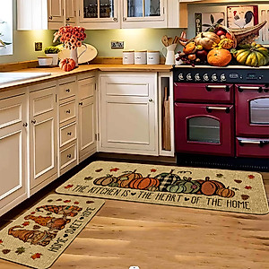 KORVITA Fall Kitchen Rugs - 2 Piece Thanksgiving Day Pumpkin Kitchen Mats The Kitchen is The Heart of The Home Non-Slip Rugs Home Sweet Home Decoration Doormat (17" x 29" + 17" x 47")