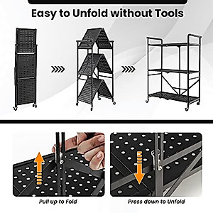 Giantex 3-Tier Folding Utility Cart, Storage Shelves on Wheels 2 Lockable Casters, Steel Rolling Shelving Units, Mobile Wire Rack for Kitchen Living Room Garage, Black (1, 28.5" Lx13 Wx 37" H)