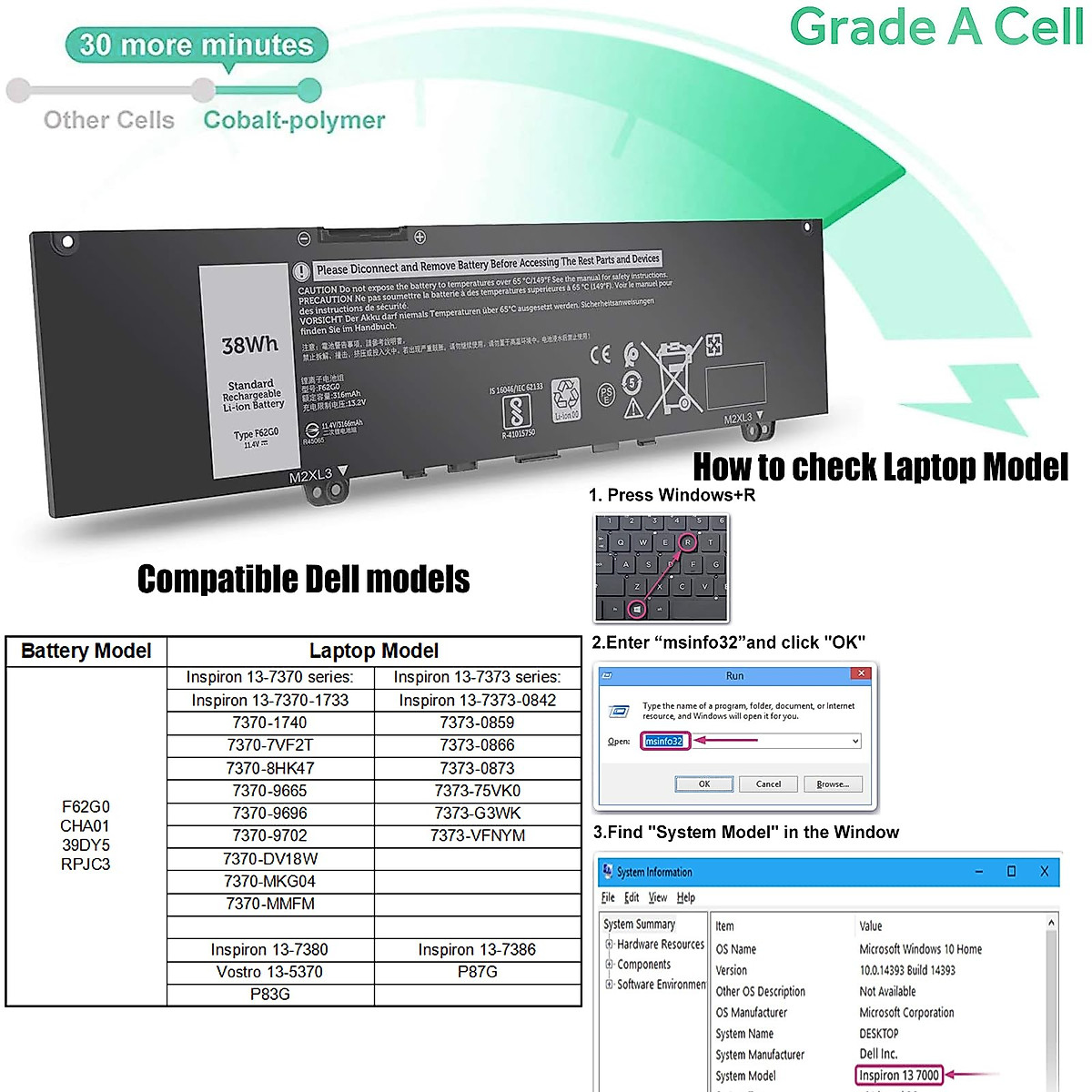 38WH Type F62G0 Laptop Battery Replacement for Dell Inspiron 7373 7370 5370 7380 7386 Vostro 5370 Series Notebook F62GO 039DY5 0YMYF6 0DHM0J 0YM5H6 0RPJC3 0TXWRR