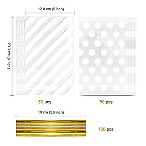 SQian 100pcs Gusseted cellophane Bags White Polka Dot Cookie Bags and Striped Plastic Candy Bags (Size 5"x8"x1.8"）with gold Twist Ties , Best Gusset Bag for Presenting Packaged Treats, Candy, Popcorn etc.