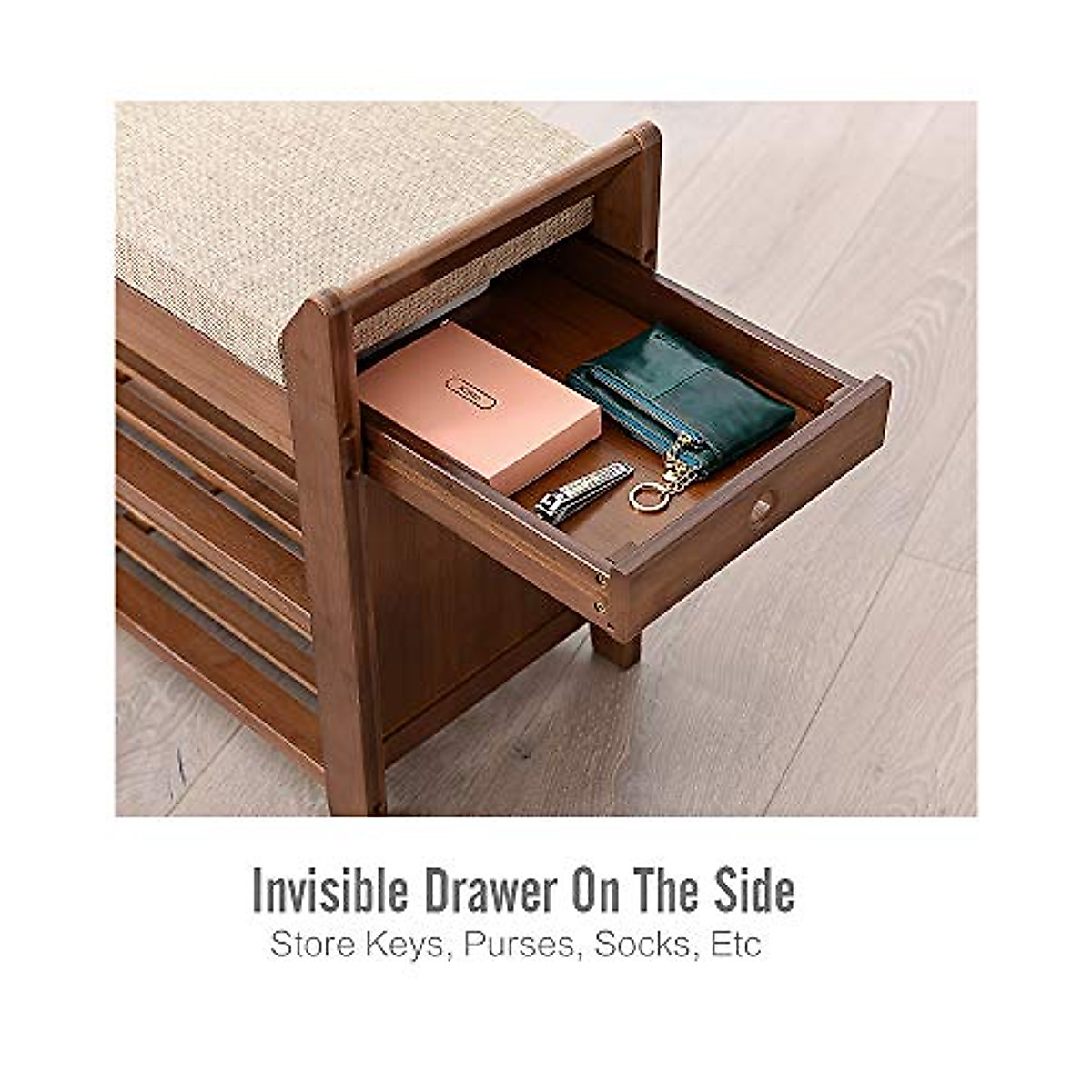 YUSING Bamboo Shoe Rack Bench with Removable Cushion, 2 Tier Entryway Shoe Storage Organizer Shelf with Hidden Drawer and Umbrella Stand for Bedroom, Living Room and Bathroom (Large)
