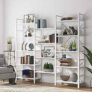 Tribesigns Triple Wide 5-Shelf Bookcase, Etagere Large Open Bookshelf Vintage Industrial Style Shelves Wood and Metal bookcases Furniture for Home & Office, All White