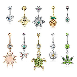 YADOCA 10 Pcs 14G Dangle Belly Button Rings for Women Stainless Steel Cute Navel Rings Body Piercing Jewelry Set