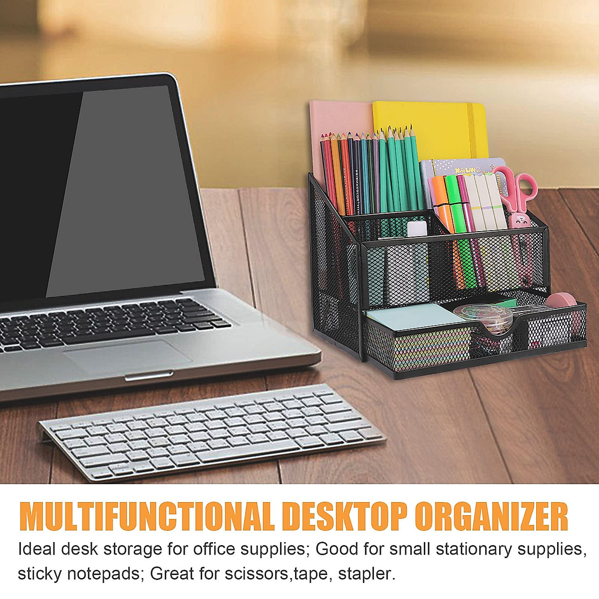 HOPECK Desk Organizer Office Accessories, Upgraded Multi-Functional Mesh Desk Organizer with 4 Compartments and 1 Drawer for Home, Office, School, Workshop, kitchen (Black)