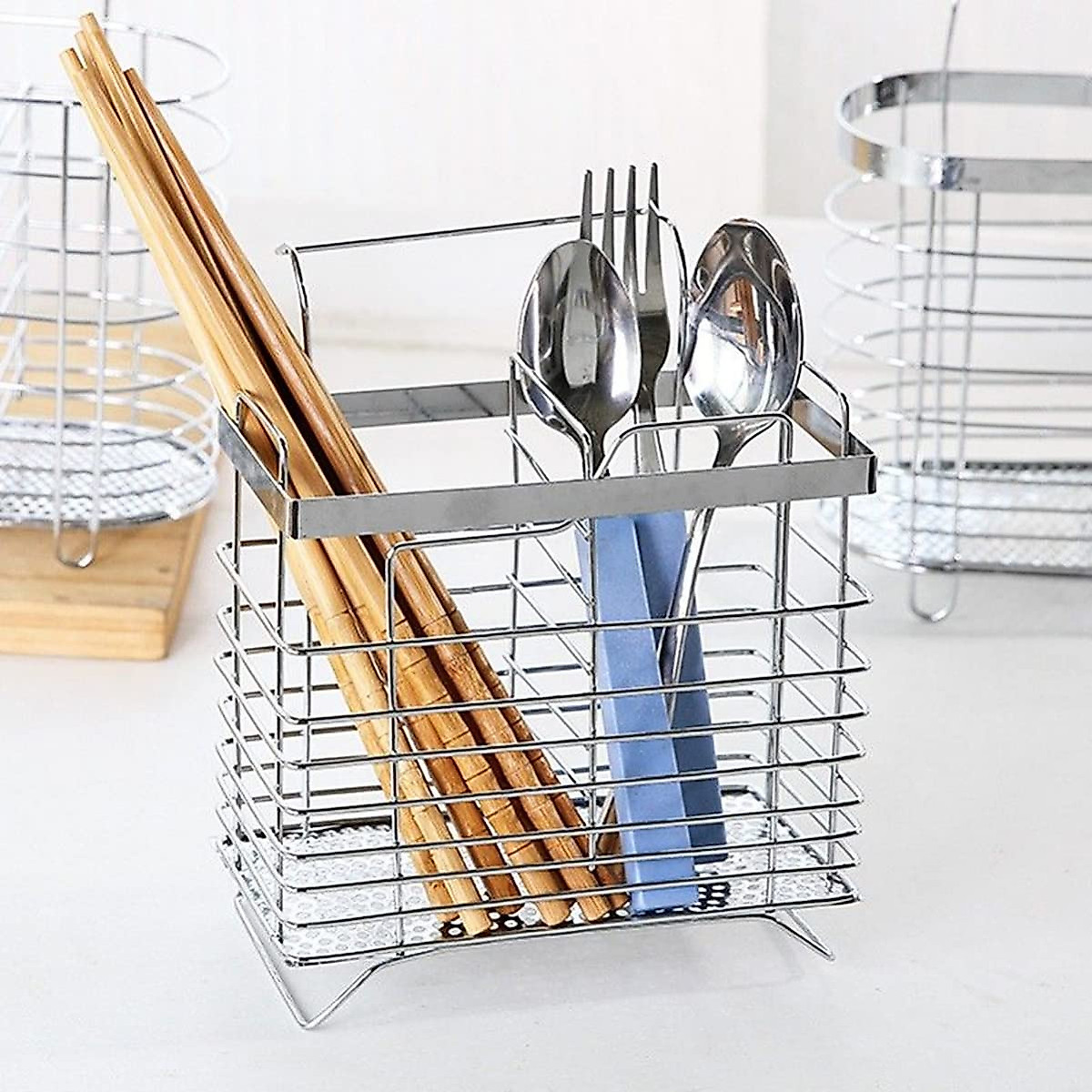 SHERCHPRY Utensil Holder Drying Rack Flatware Storage Basket 2 Divided Stainless Steel Cutlery Silverware Organizer Draining with Hooks for Chopstick Spoon Fork