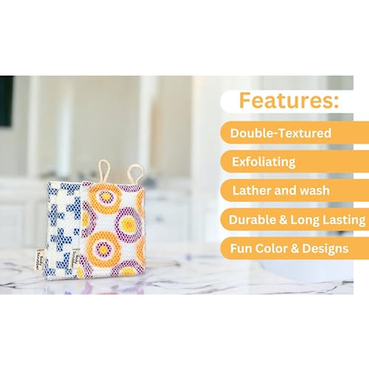 Premium Exfoliating Pad, Scrub, Body Scrubber, Dual-Sided with African Net/Cotton Flannel and Terry Cloth – Bath Shower Sponge-Gets You Clean, Not Just applying Soap – 24 Random Designs (2-Pack)